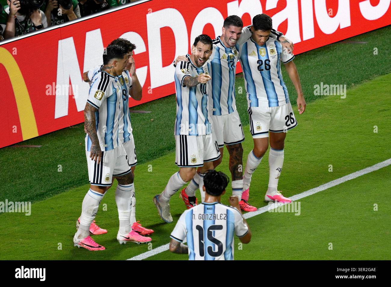 Argentina's Lionel Messi (10) celebrates with teammates after scoring ...