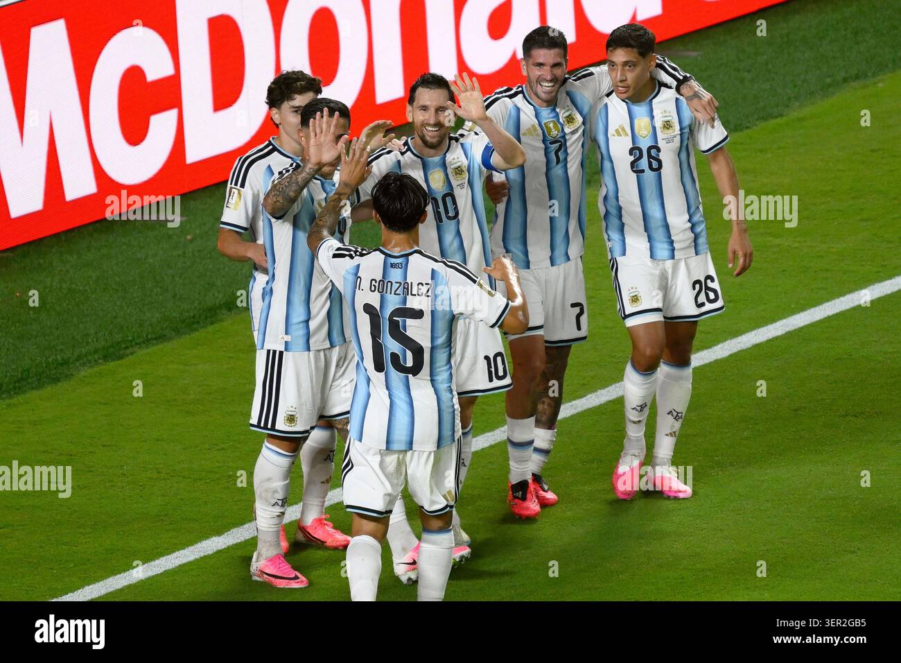 Argentina's Lionel Messi (10) celebrates with teammates after scoring ...