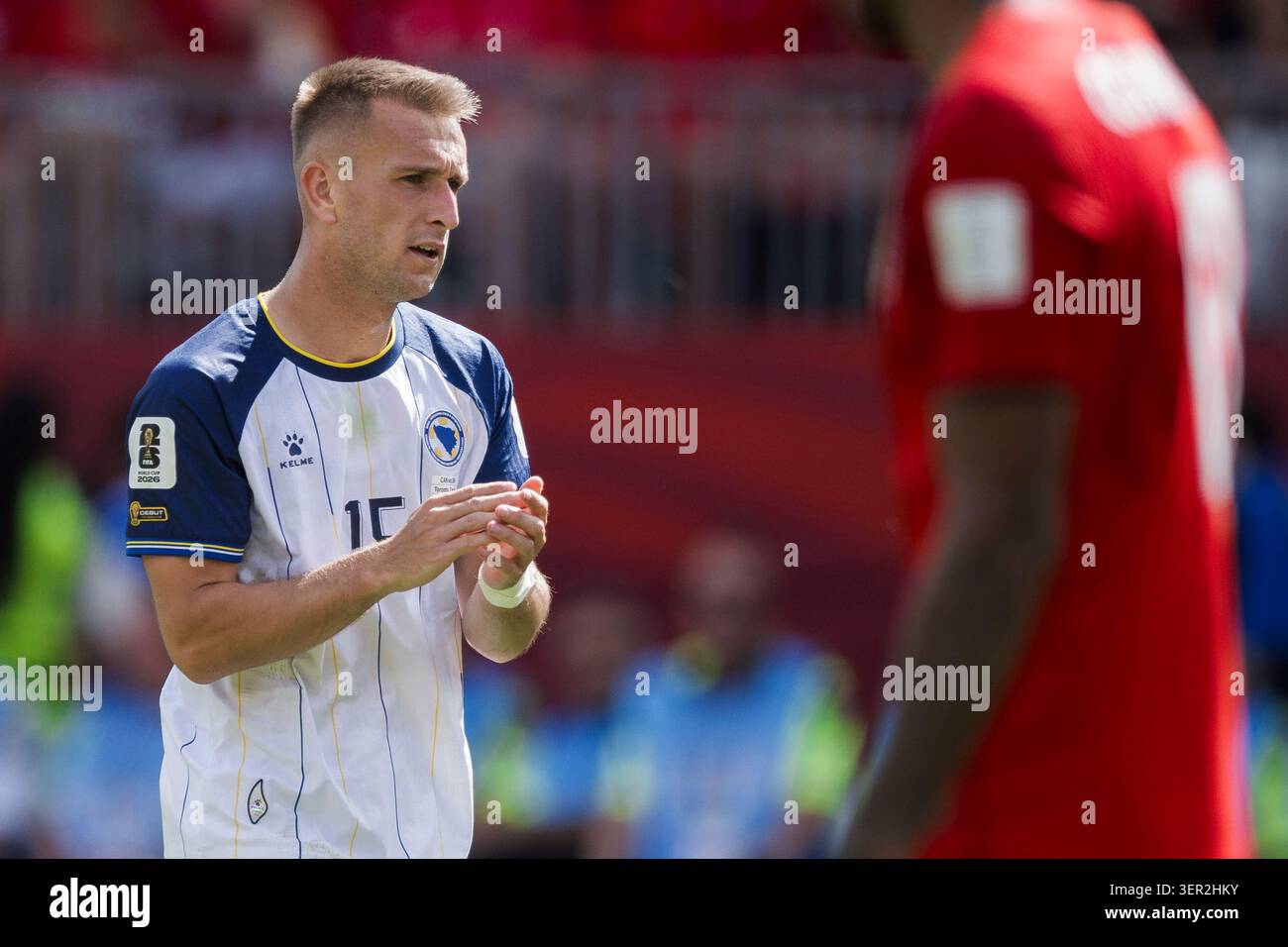 Amar Memic of Bosnia and Herzegovina gestures during the FIFA World Cup ...