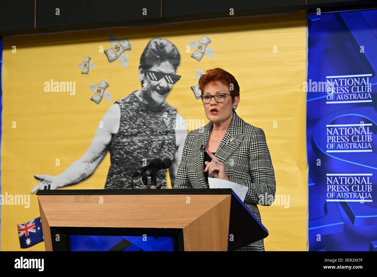 A banner is seen behind One Nation leader Pauline Hanson as she ...