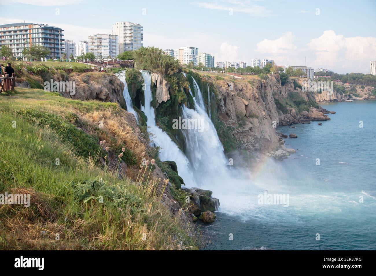 Cascade of Lower Duden Falls plunges into the Mediterranean Sea with a ...