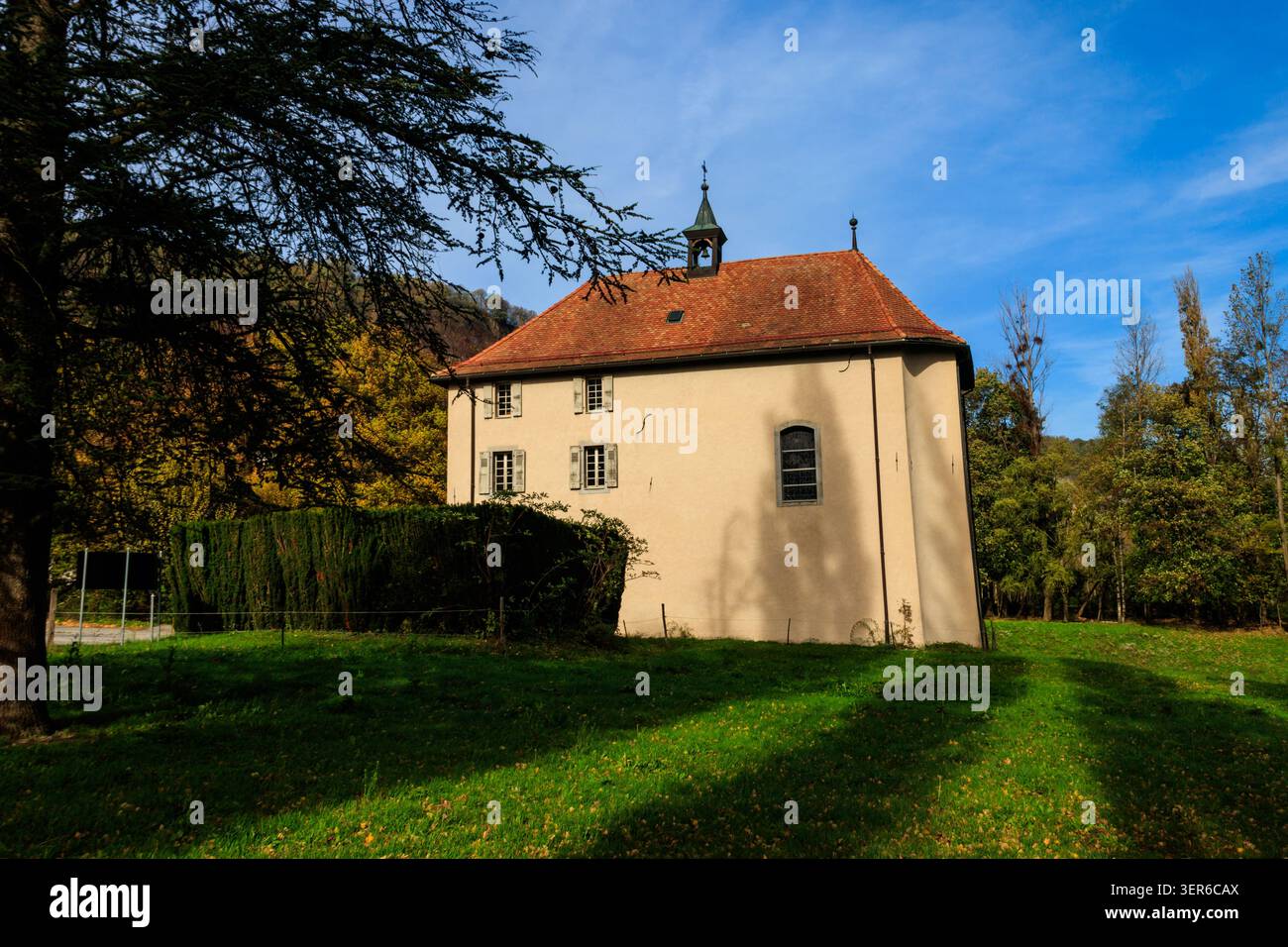 Small church in Verolliey near Saint Maurice, Switzerland in autumn ...