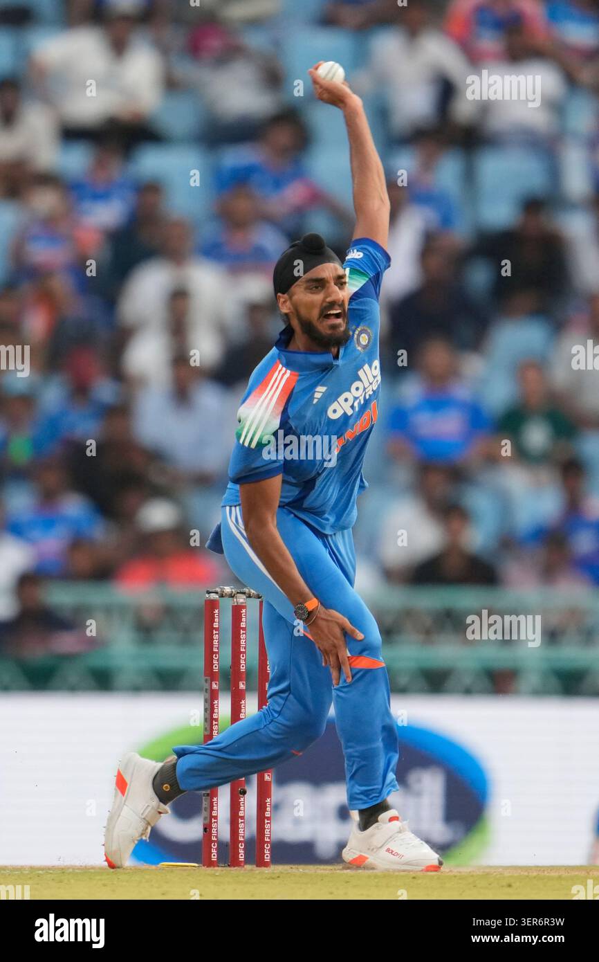 India's Arshdeep Singh bowls a delivery during the second ODI cricket ...