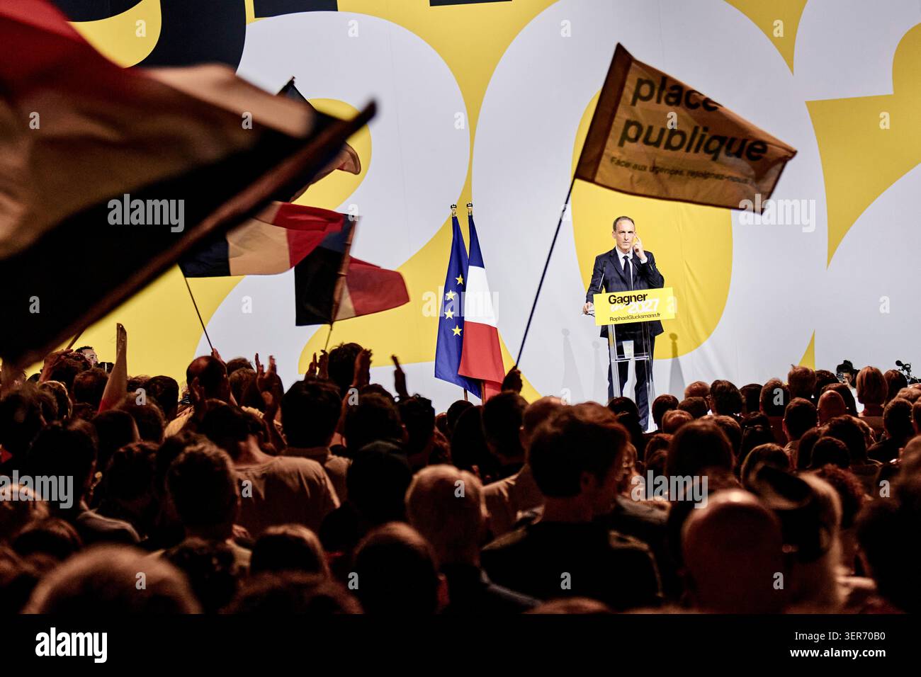 Raphael Glucksmann delivers a speech at a rally in Aubervilliers on ...