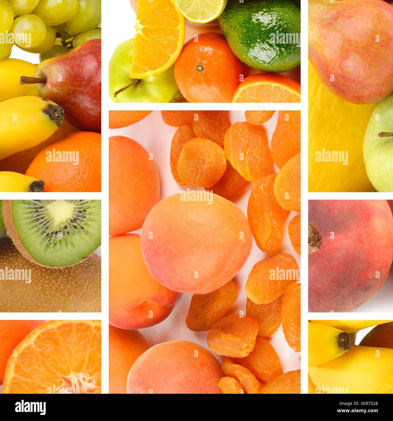 High quality commercial food photo collage of mixed raw fruits and sun ...
