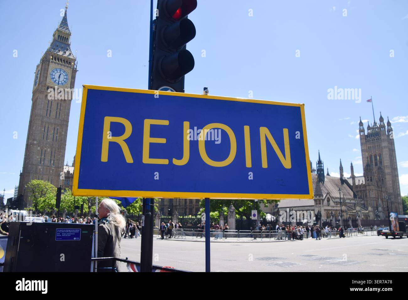 A 'Rejoin' sign is displayed during the weekly anti-Brexit and pro-EU ...