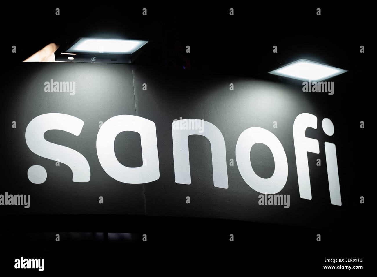 This photo is an illustration that shows the logo of Sanofi company at ...