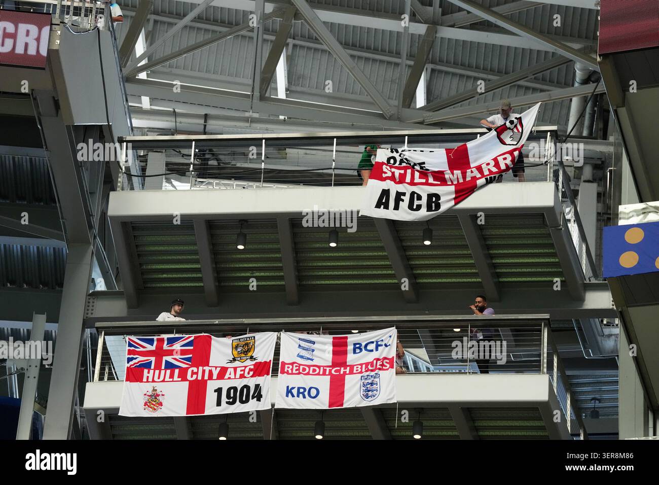 England fans hanging their flags inside the stadium ahead of the FIFA ...