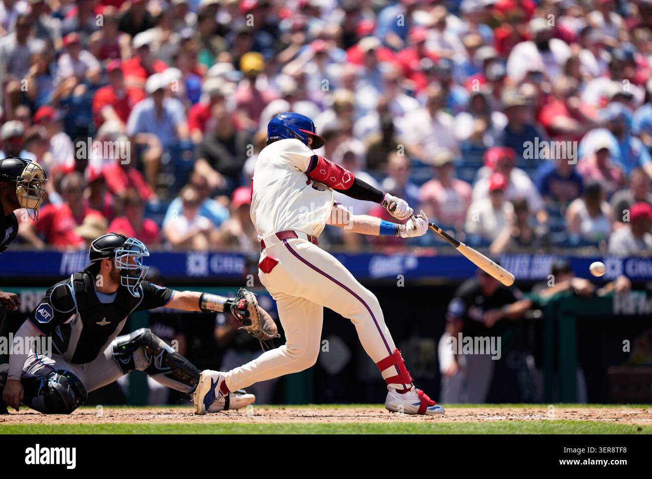 Philadelphia Phillies' Brandon Marsh breaks his bat driving in a run ...