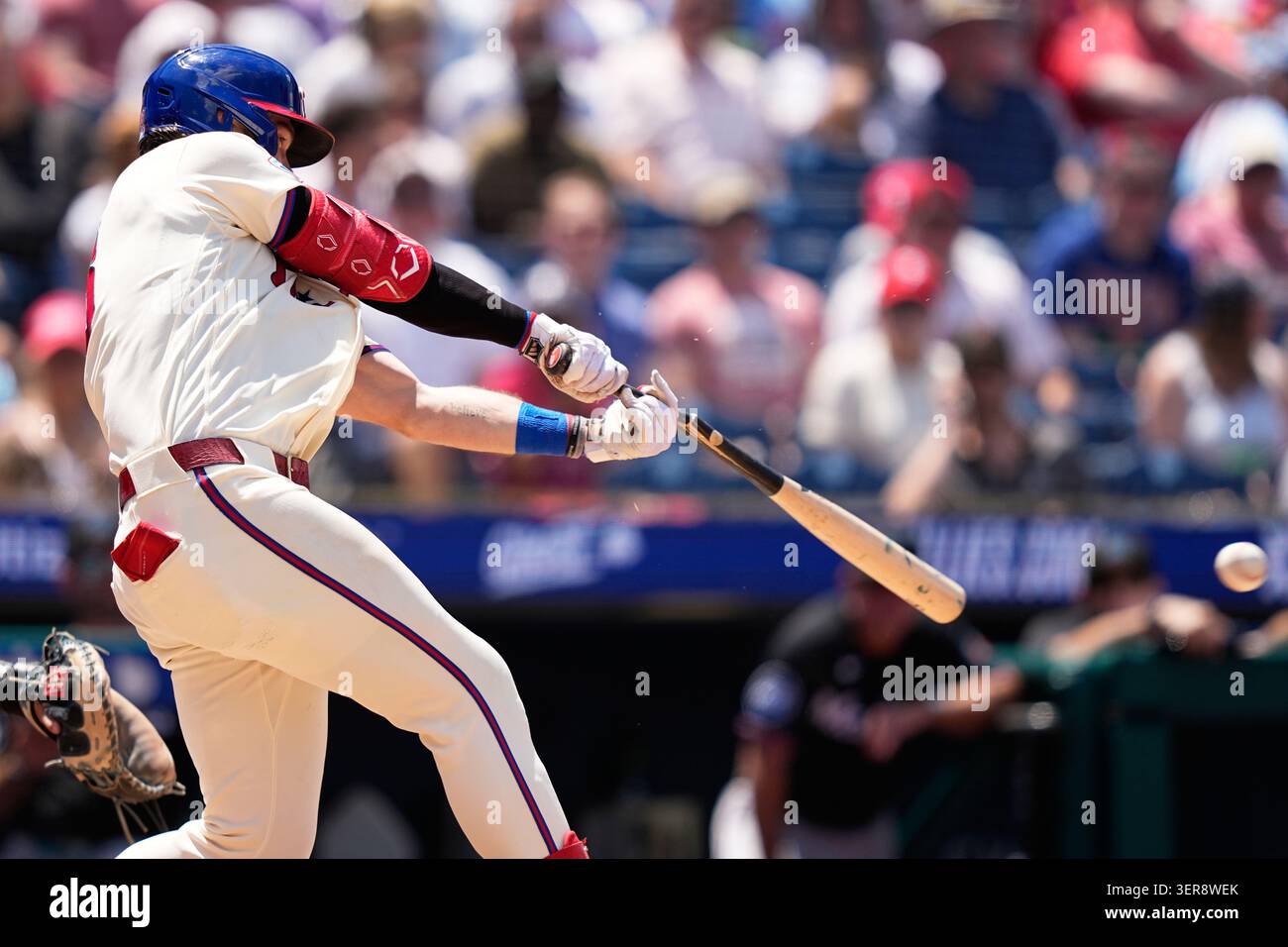 Philadelphia Phillies' Brandon Marsh breaks his bat driving in a run ...