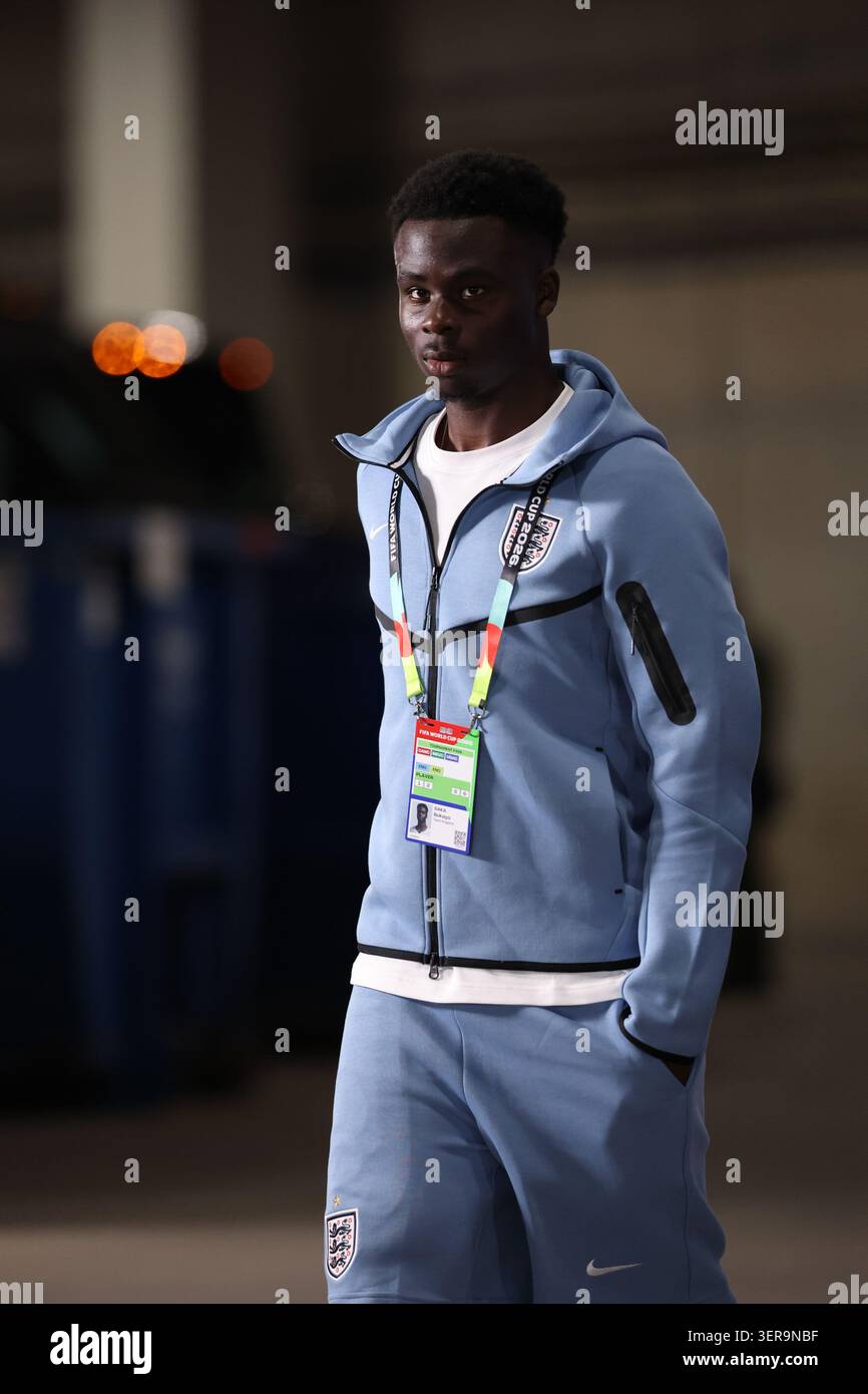 England's Bukayo Saka arrives before the FIFA World Cup Group L match ...