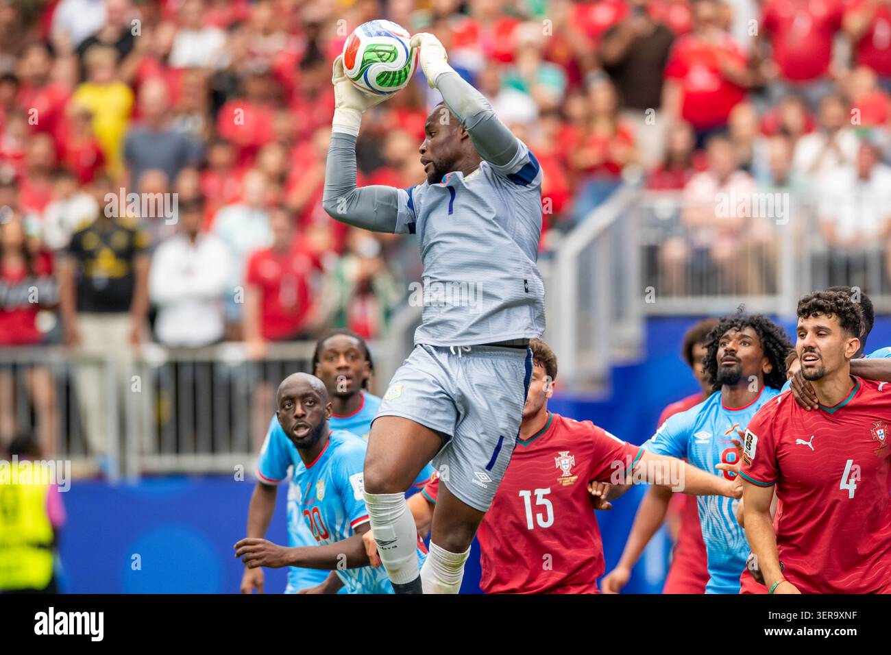 June 17, 2026: DR Congo goalkeeper Lionel Mpasi (1) grabs the ball ...