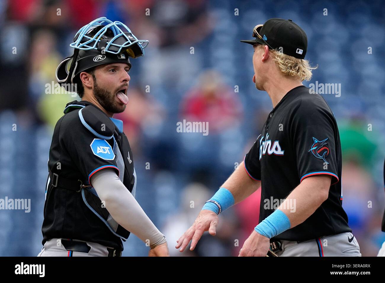 Miami Marlins' Joe Mack, left, and Kyle Stowers celebrate after the ...