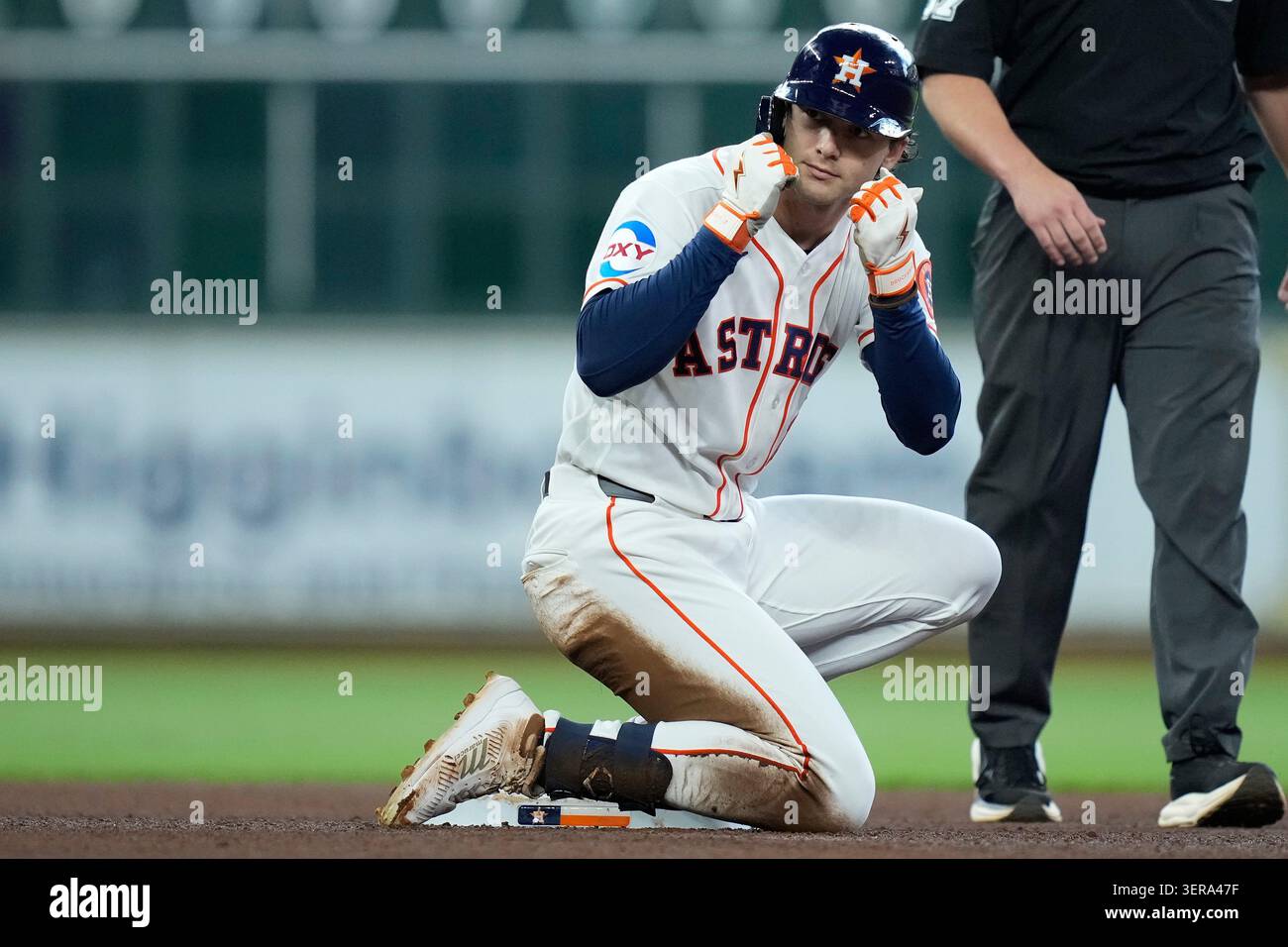 Houston Astros' Joey Loperfido celebrates after hitting a double during ...