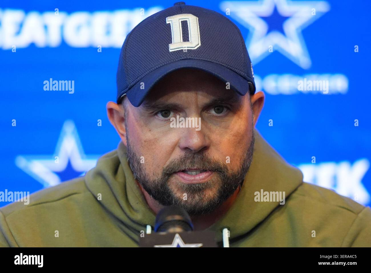 The Dallas Cowboys offensive coordinator Klayton Adams speaks before ...