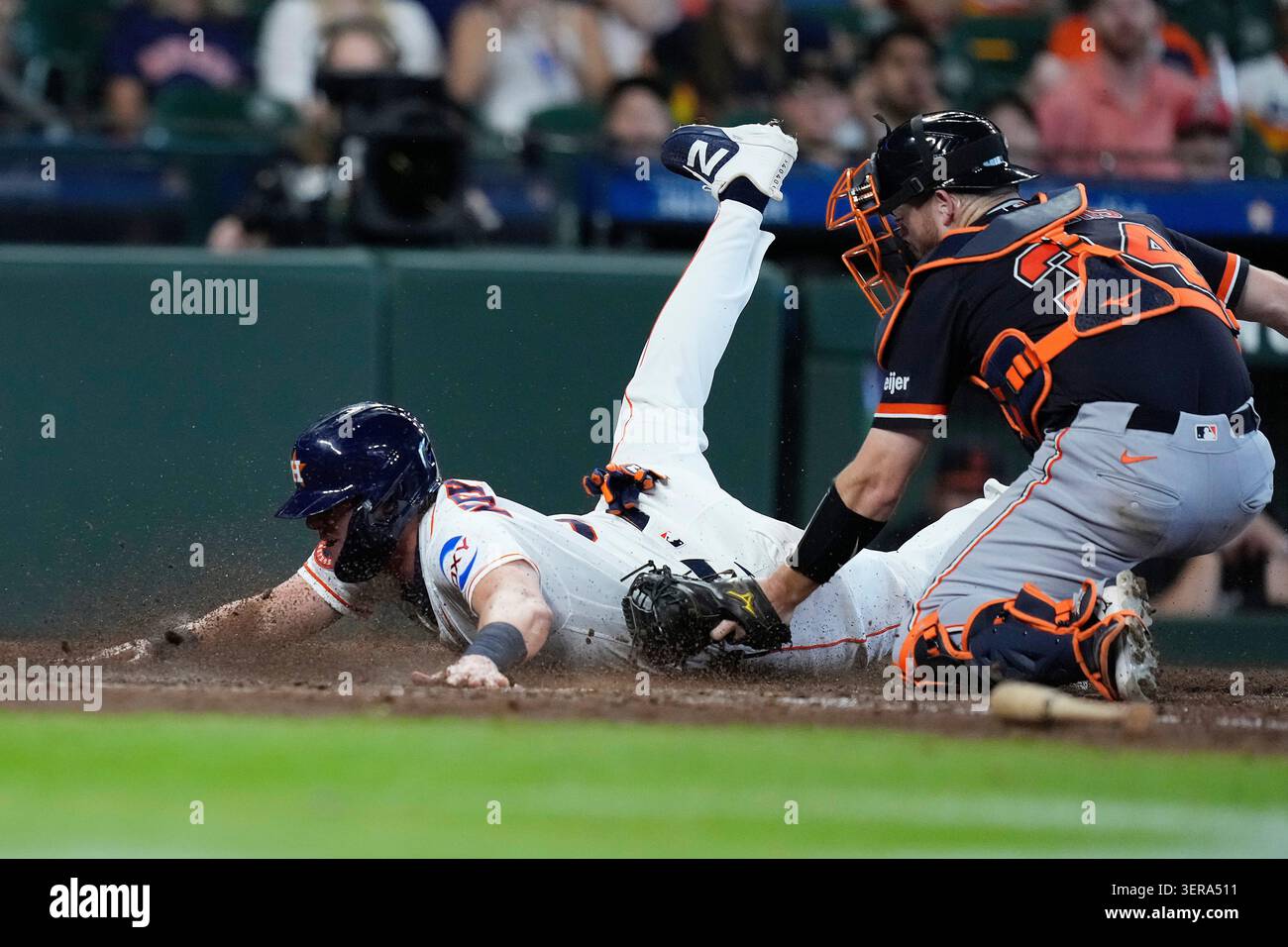 Houston Astros' Jake Meyers is tagged out by Detroit Tigers catcher ...
