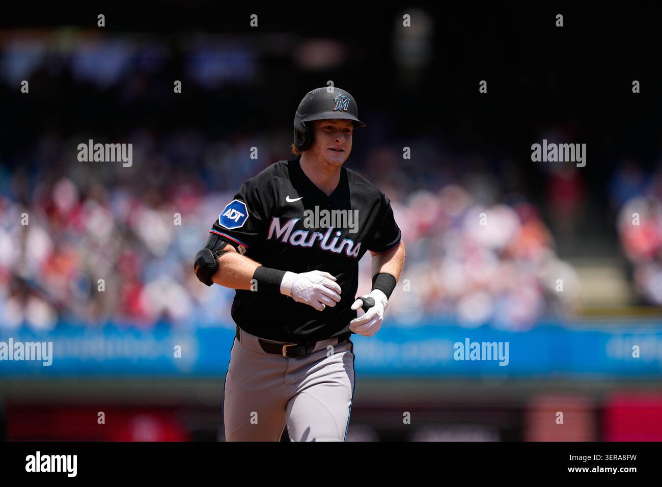 Miami Marlins' Owen Caissie reacts after a home run during a baseball ...