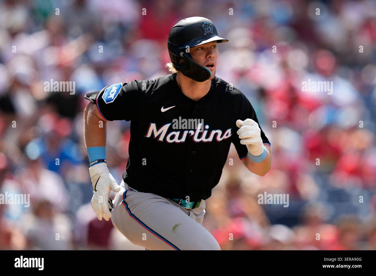 Miami Marlins' Kyle Stowers plays during a baseball game Wednesday ...