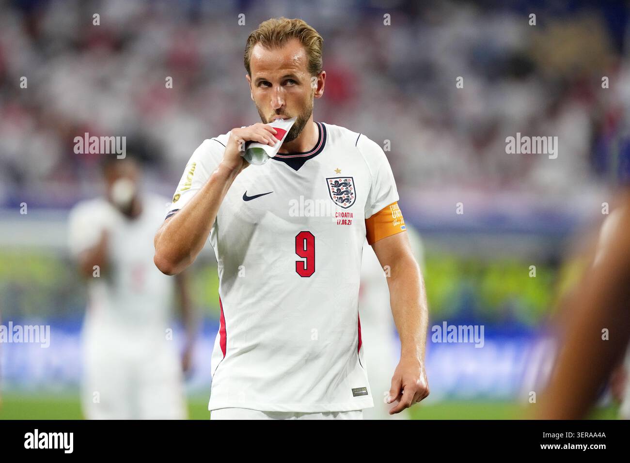 England's Harry Kane heads in at half-time during the FIFA World Cup ...