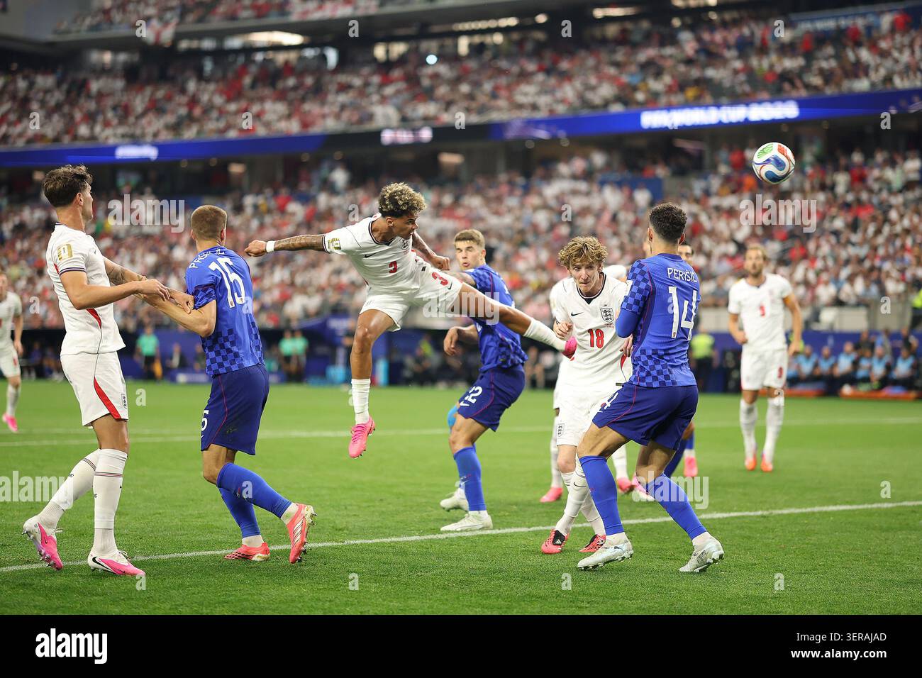 England's Nico O'Reilly heads at goal during the FIFA World Cup Group L ...