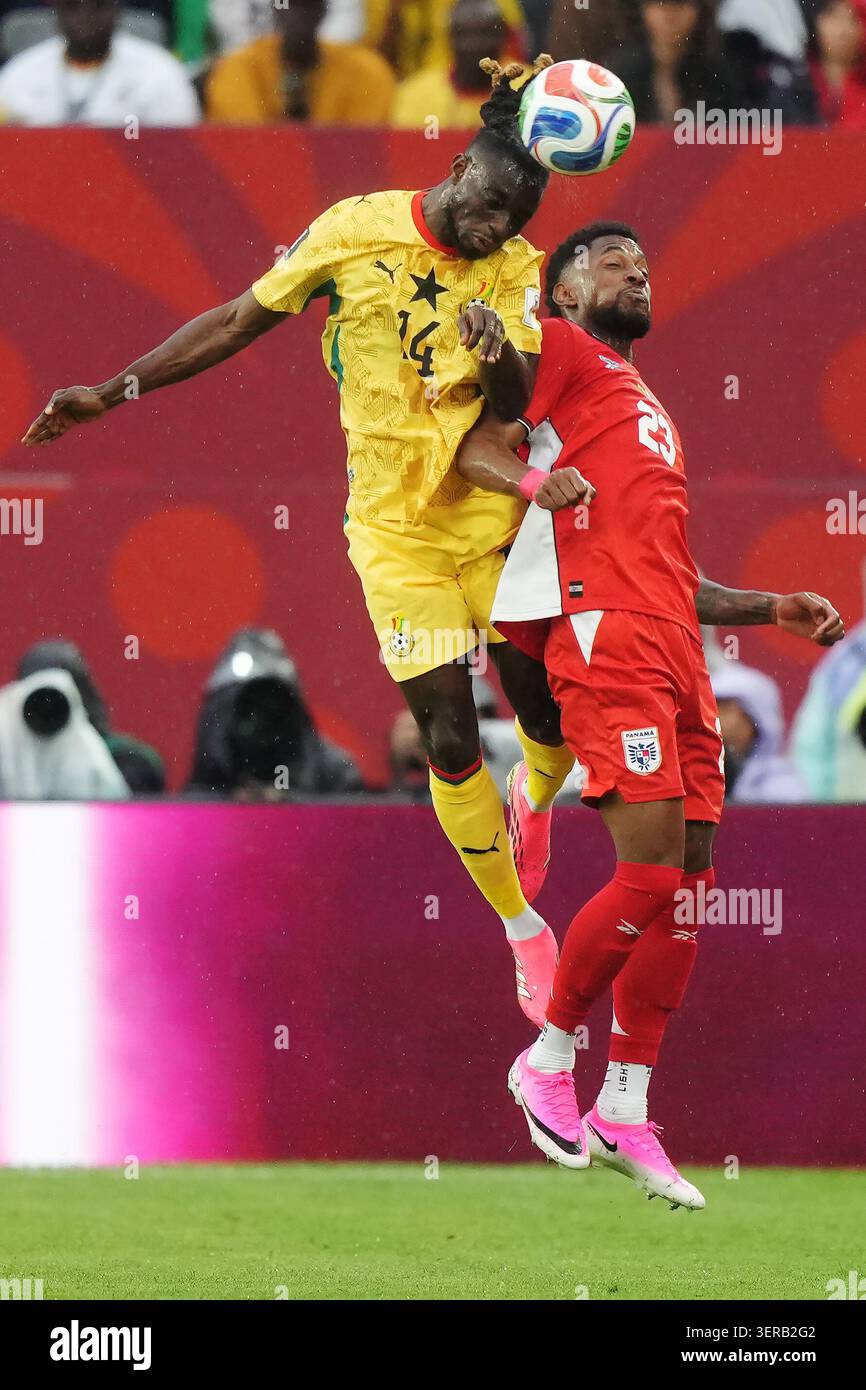 Ghana's Gideon Mensah (14) heads the ball over Panama's Michael Amir ...
