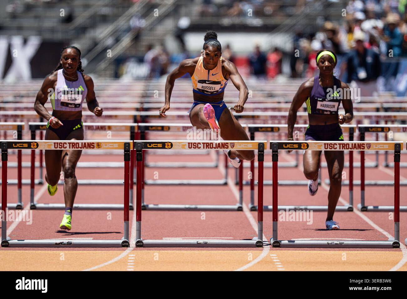 Masai Russell (USA) wins the Women’s 100m Hurdles in 12.26 during the ...
