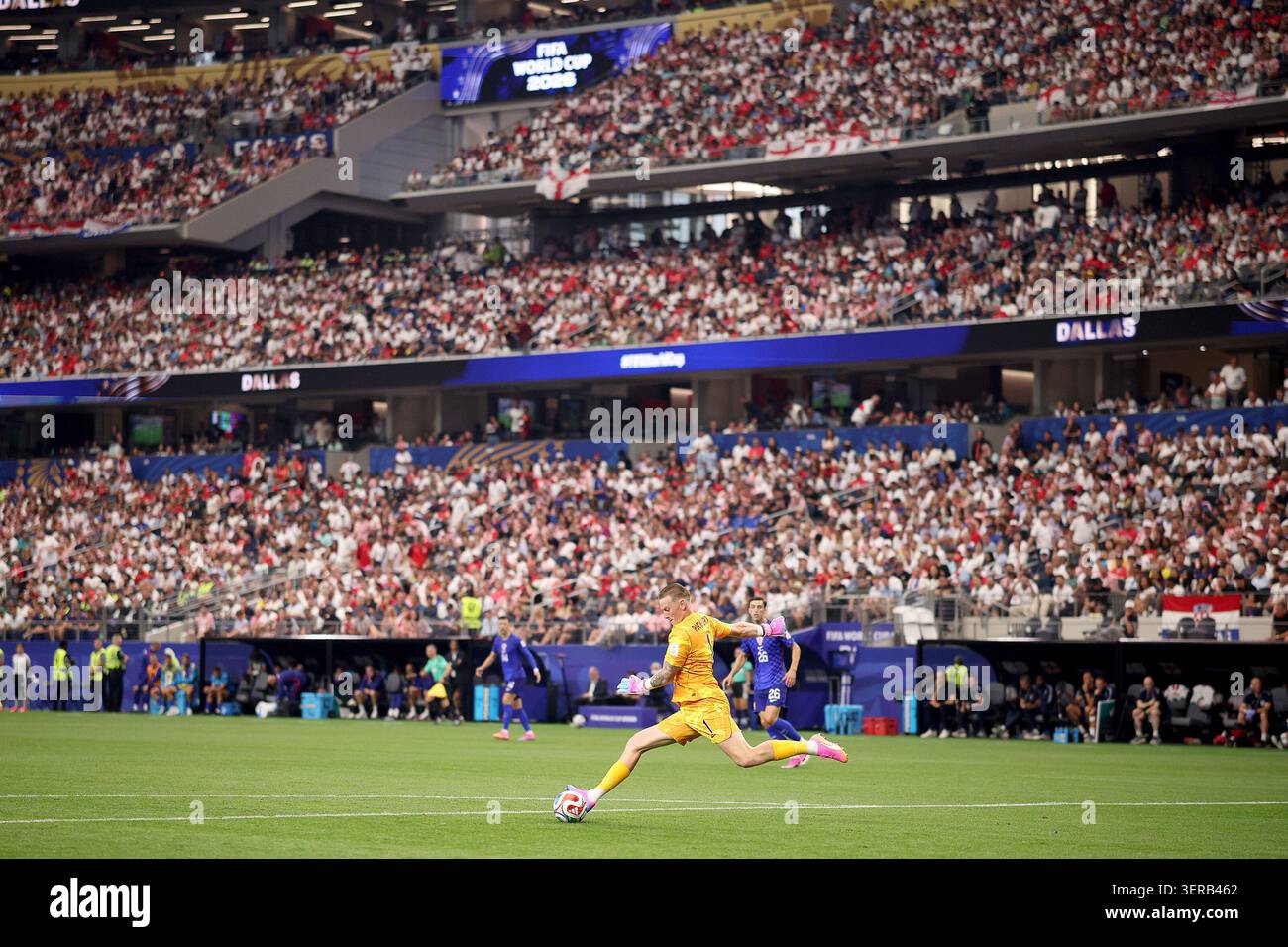 England's Jordan Pickford clears the ball during the FIFA World Cup ...