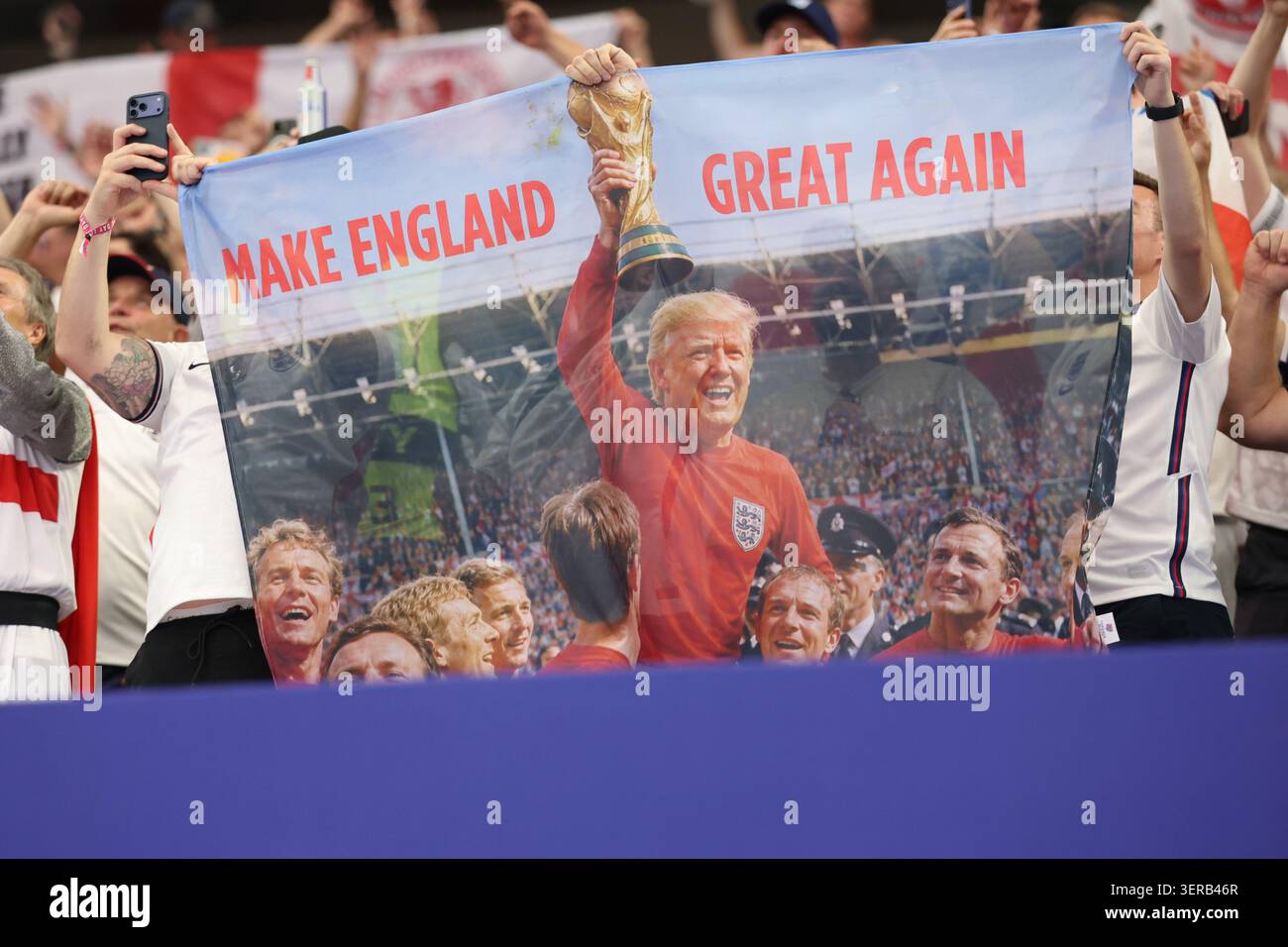 A banner showing "Donald Trump" as "Bobby Moore" during the FIFA World ...