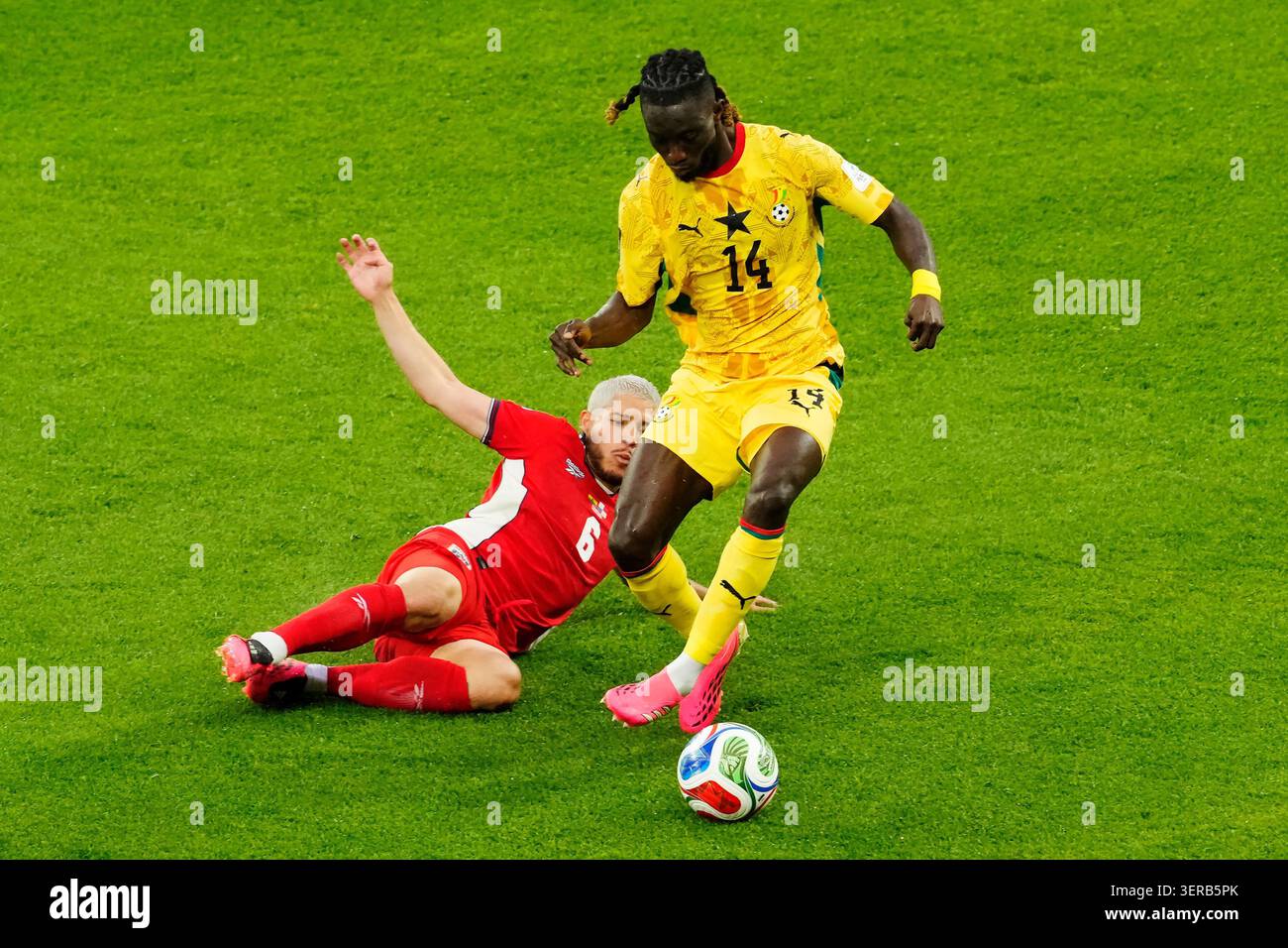 Ghana's Gideon Mensah (14) moves past Panama's Cristian Martinez (6 ...