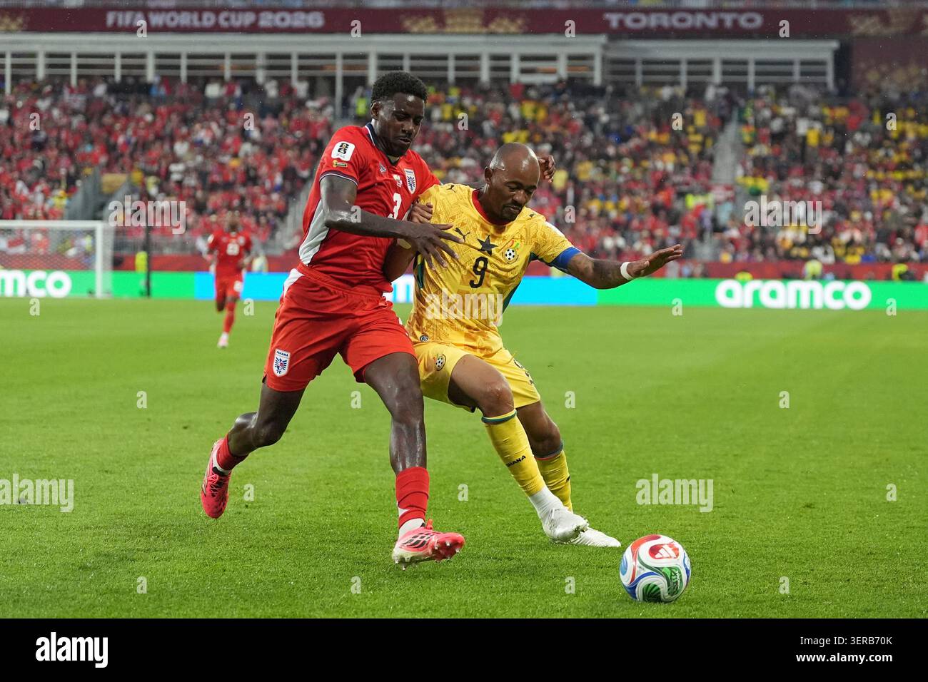 Panama's Luis Mejia, left, and Ghana's Jordan Ayew vie for the ball ...