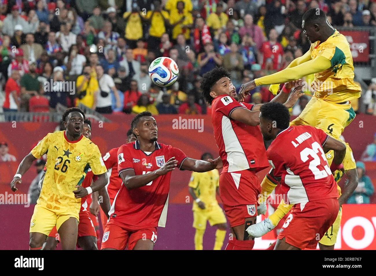 Ghana's Jonas Adjetey, right, heads the ball during the World Cup Group ...