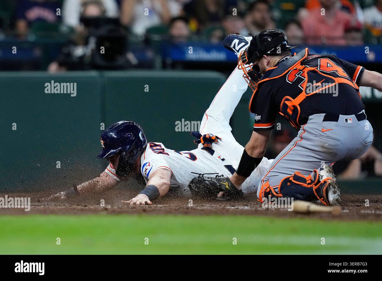Houston Astros' Jake Meyers is tagged out by Detroit Tigers catcher ...