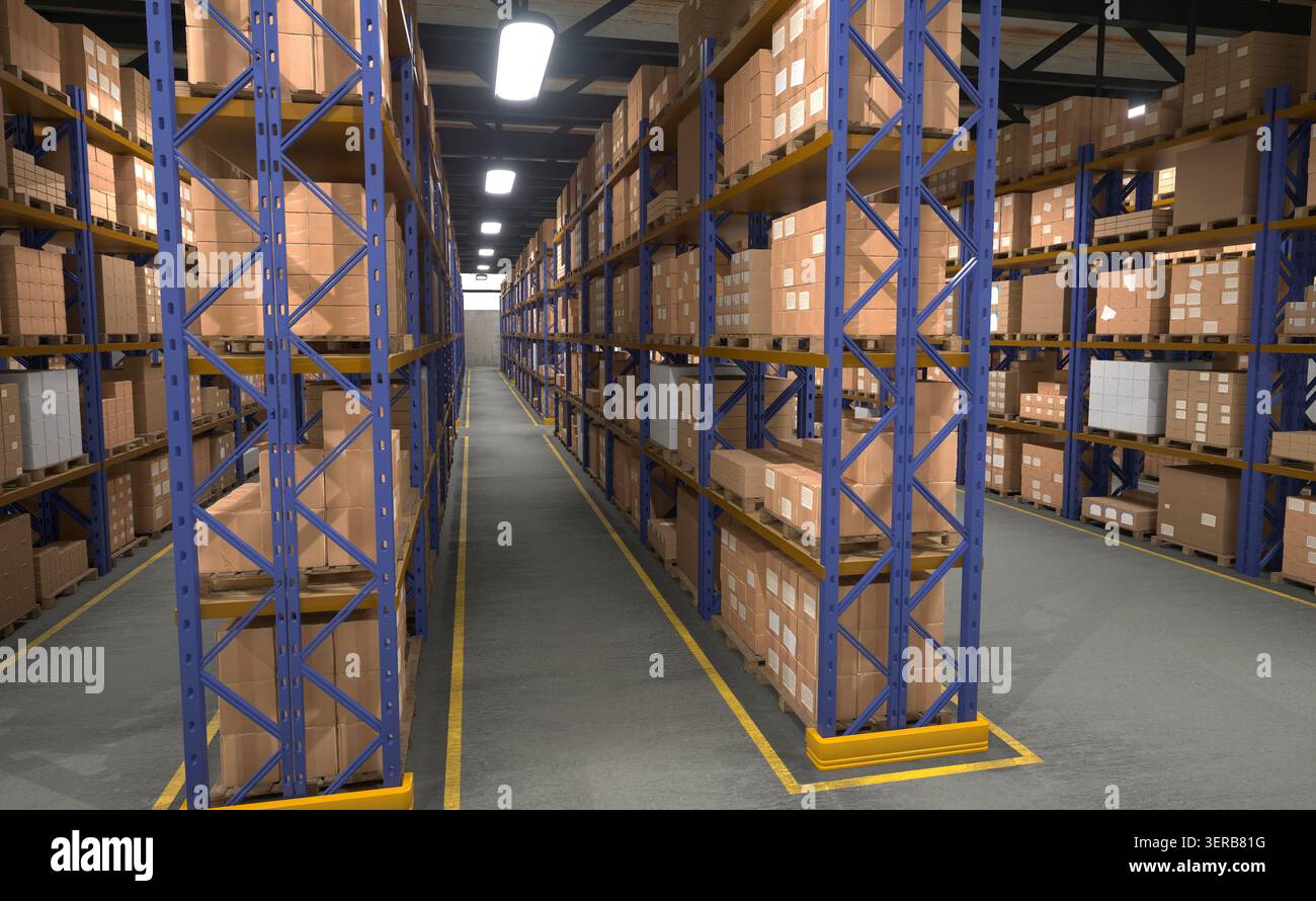 Racks in warehouse establishment filled with cardboard boxes stock ...