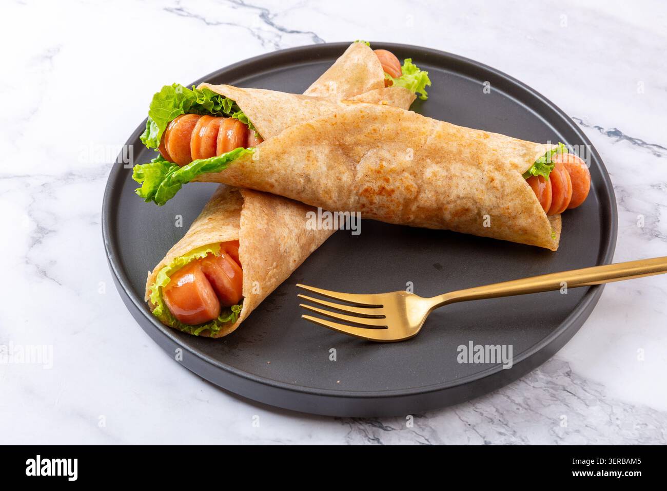 Whole Wheat Wrap with Grilled Sausage and Lettuce, Savory Snack Stock ...