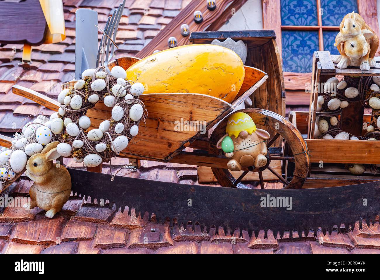 Easter rustic decorations with wooden wheelbarrow painted eggs bunny ...