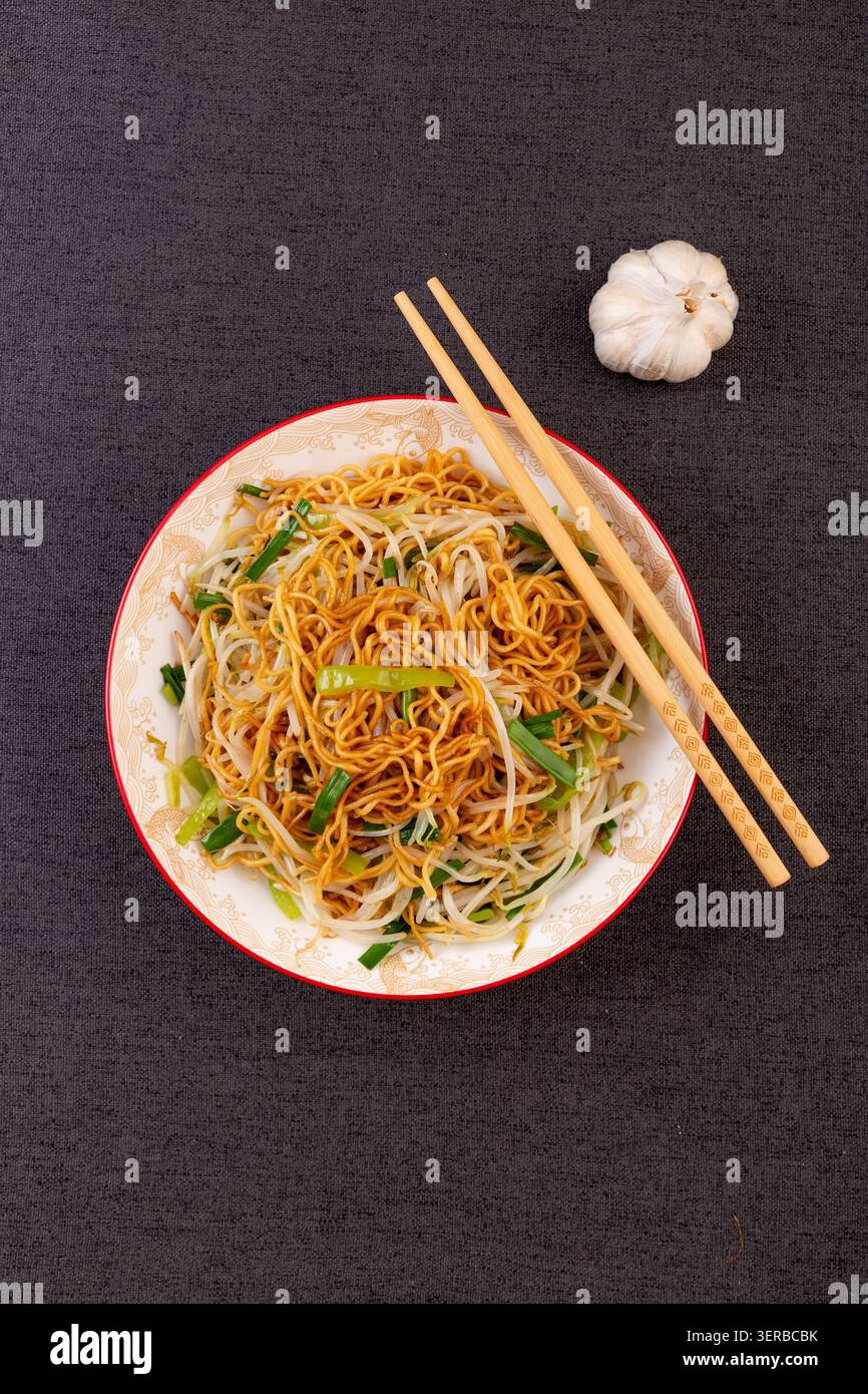 Stir fried noodles with supreme soy sauce and bean sprouts, traditional ...