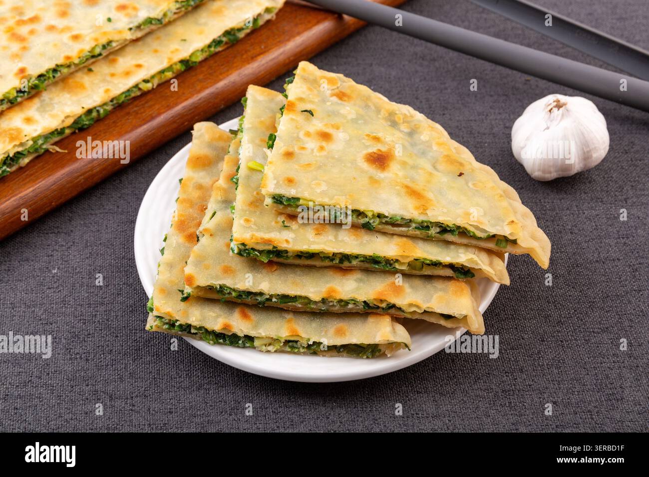 Traditional Chinese Chive and Egg Stuffed Flatbread on Plate, Savory ...