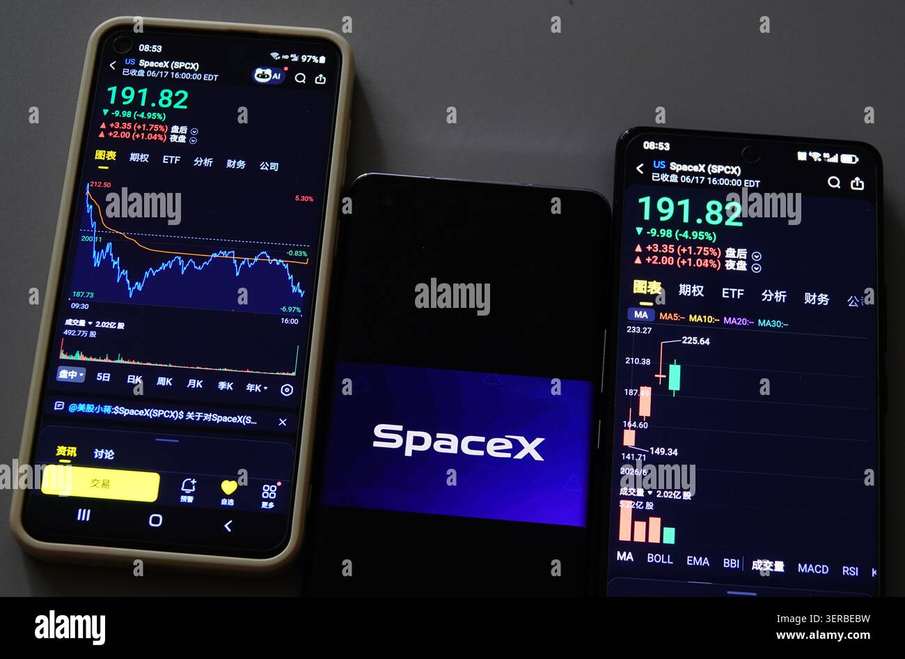 YICHANG, CHINA - JUNE 18, 2026 - SpaceX logo and SpaceX stock displayed ...