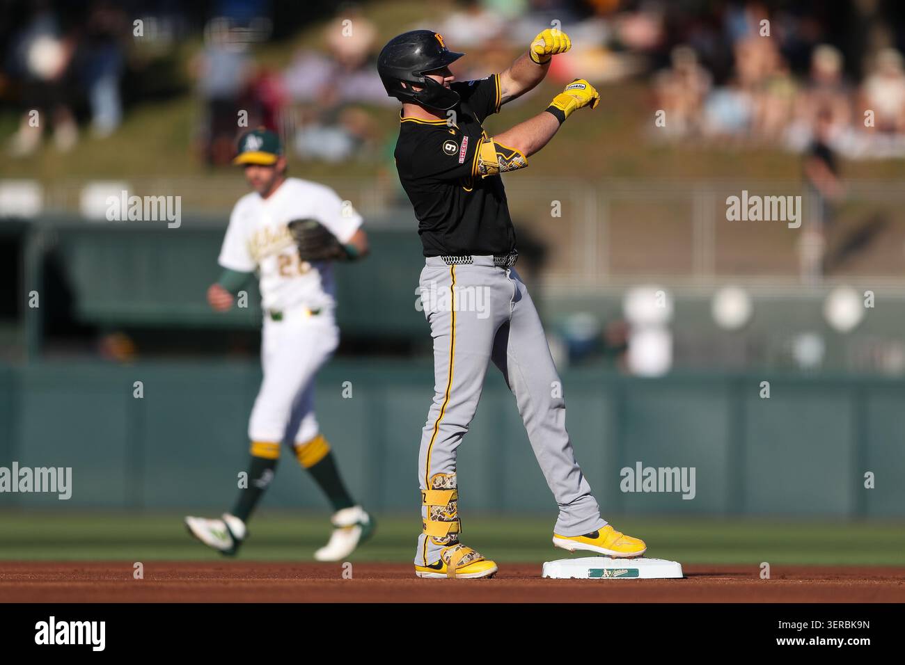 Pittsburgh Pirates' Spencer Horwitz reacts after hitting a leadoff ...