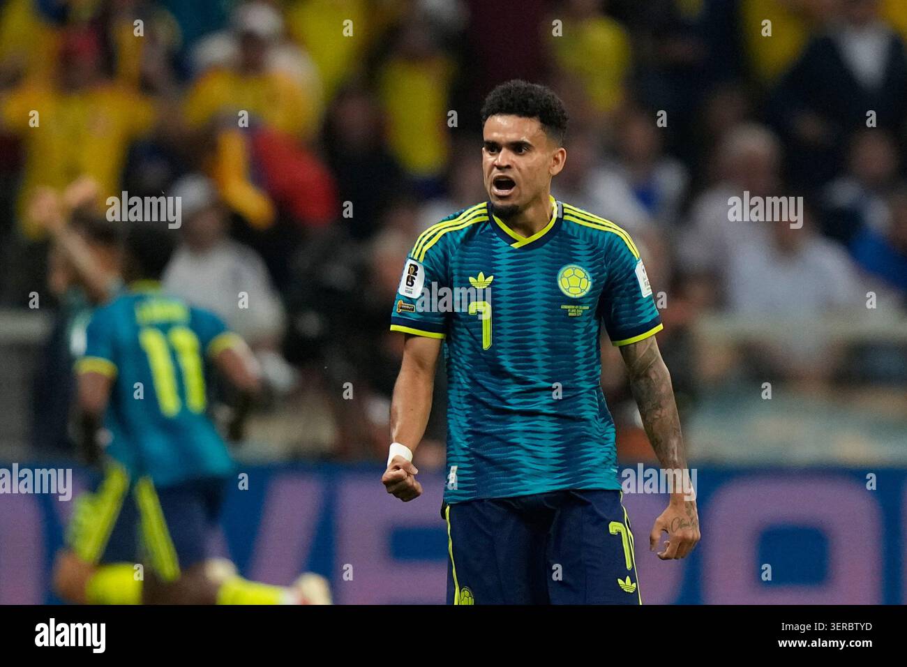 Colombia's Luis Diaz (7) celebrates his side's opening goal by Colombia ...