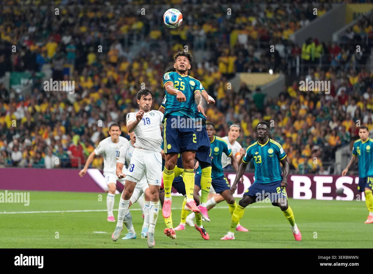 Colombia's Luis Suarez (25) tries to head the ball during the World Cup ...