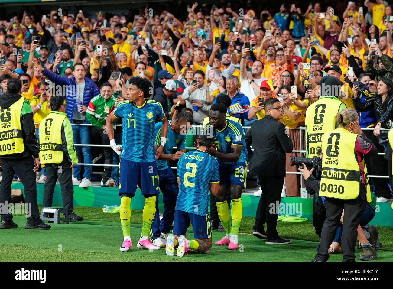 Colombia's Daniel Munoz (2) celebrates with teammates after scoring his ...