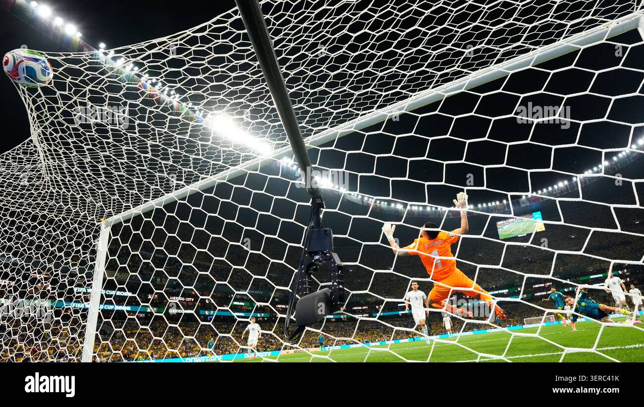 Colombia's Daniel Munoz, bottom right, reacts after scoring his team's ...