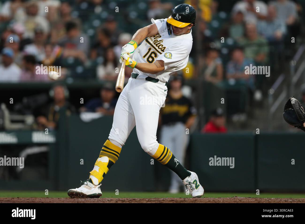Athletics' Nick Kurtz hits a single during the sixth inning of a ...