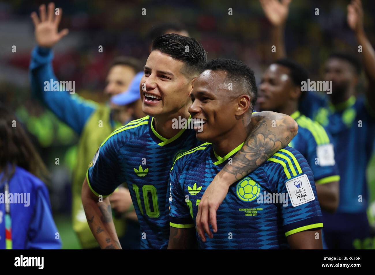 Colombia's James Rodriguez (10) and Jaminton Campaz (21) celebrate ...