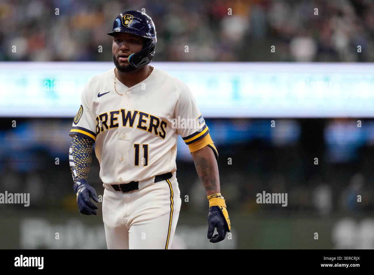 Milwaukee Brewers' Jackson Chourio looks on during a baseball game ...