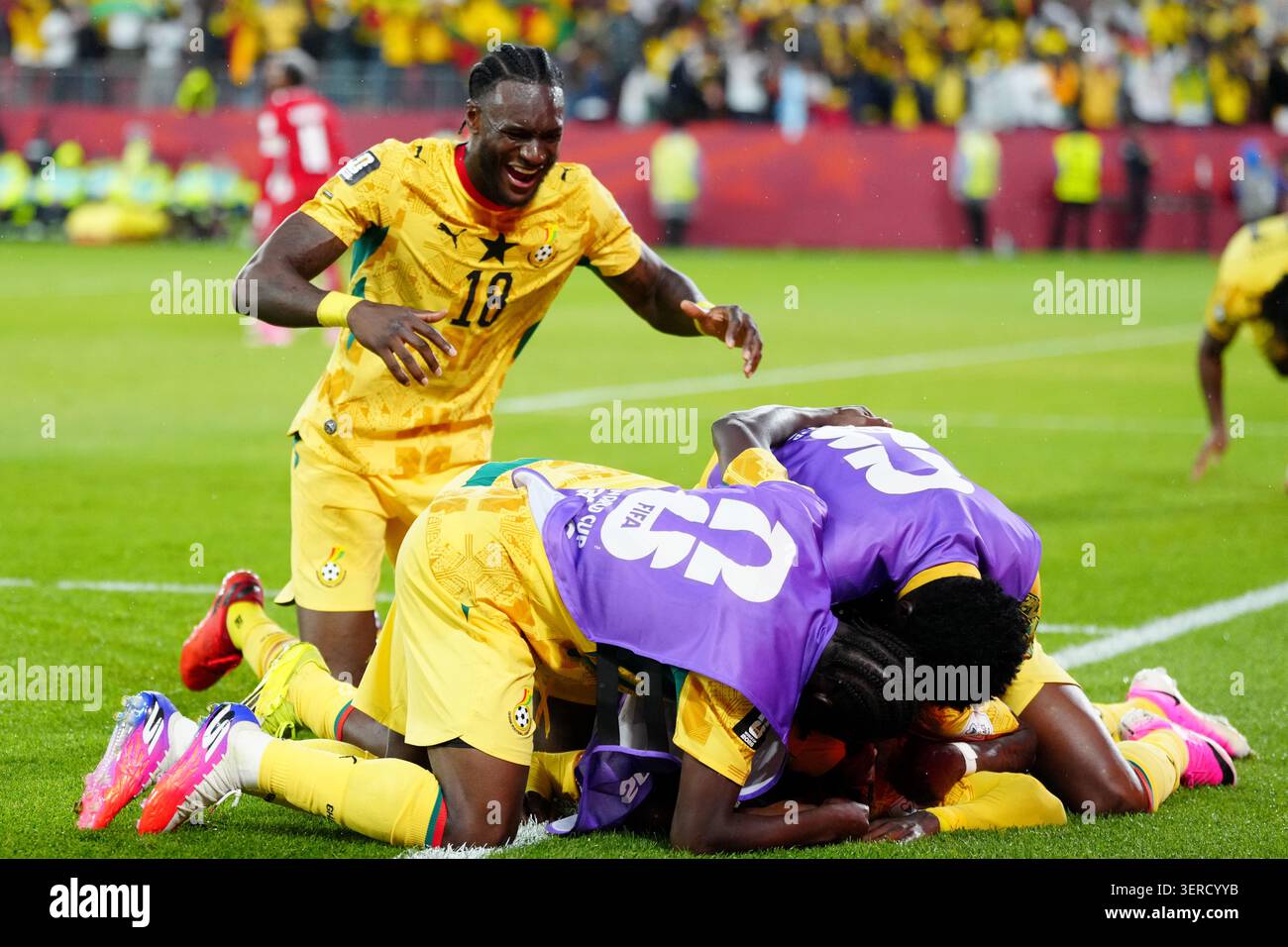 Ghana's Caleb Yirenkyi (3) celebrates his goal with teammates during ...