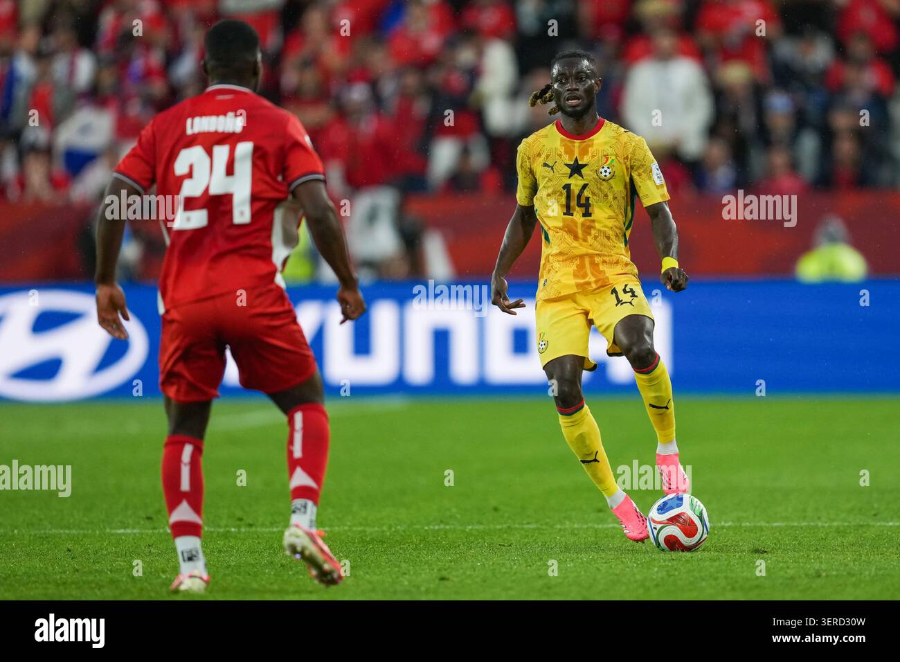 Gideon Mensah #14 of Ghana dribble the ball during the 2026 FIFA World ...