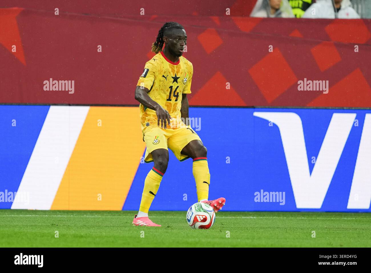 Gideon Mensah #14 of Ghana dribble the ball during the 2026 FIFA World ...