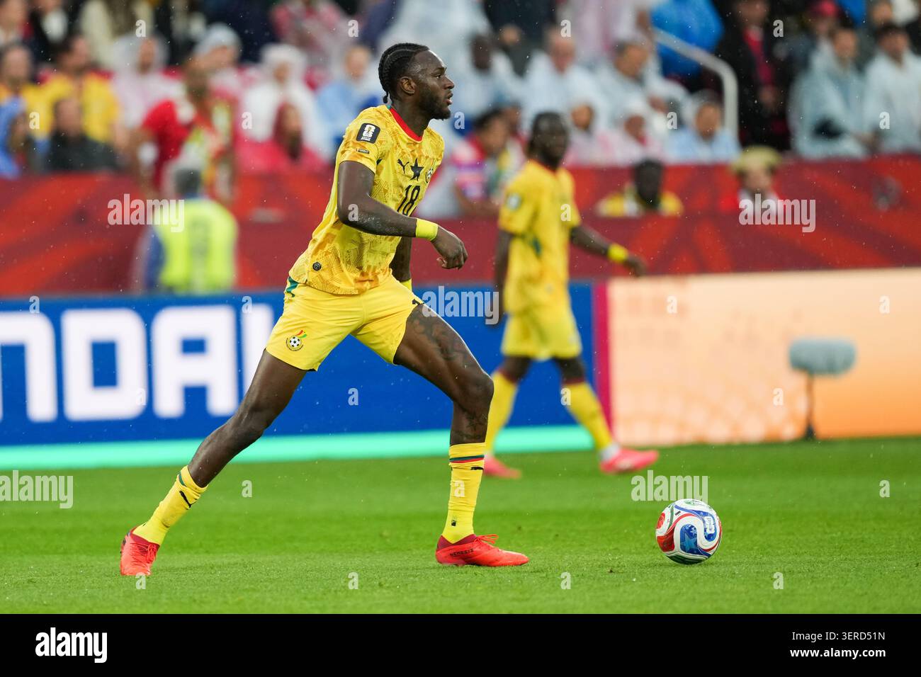 Jerome Opoku #18 of Ghana drives the ball forward during the 2026 FIFA ...